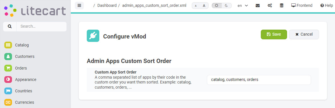 Admin Apps Custom Sort Order | LiteCart Add-ons